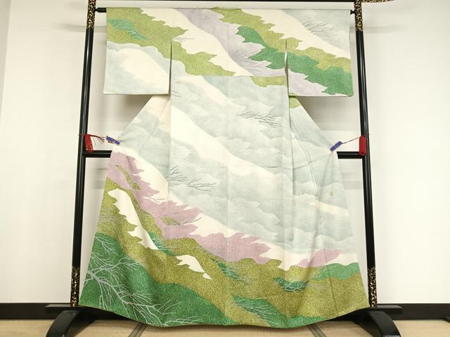 平和屋着物●訪問着　友禅　作家物　遠山樹林文　たたき染め　正絹　逸品　AAAW4016np