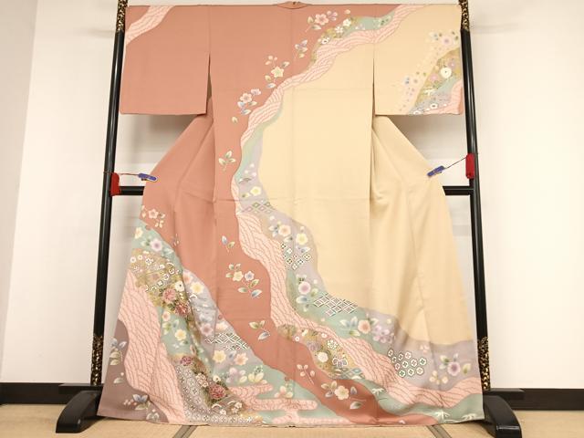 平和屋着物●訪問着　駒刺繍　霞草花文　金糸　金彩　正絹　逸品　AAAW4109np