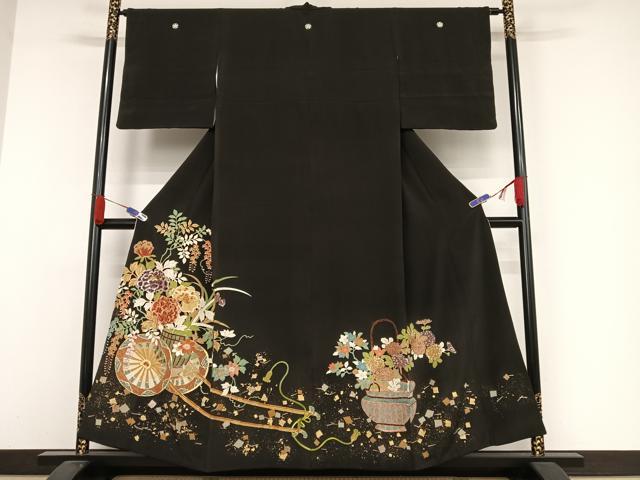 平和屋着物●野口真造　大彦二代目　江戸染繍友禅　黒留袖　駒刺繍　花車　金糸　金彩　正絹　逸品　AAAW4131np