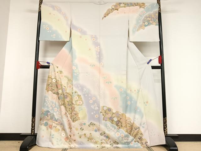 平和屋着物●訪問着　駒刺繍　草花文　暈し染め　金糸　金彩　ロング丈　正絹　逸品　AAAW4169np