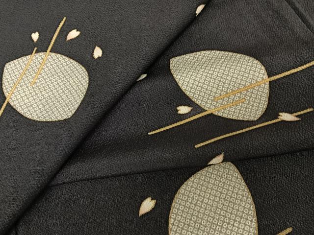 平和屋着物●上質な小紋　舞花文　夜桜　墨黒地　金彩　鬼しぼ縮緬　正絹　逸品　AAAW4248np