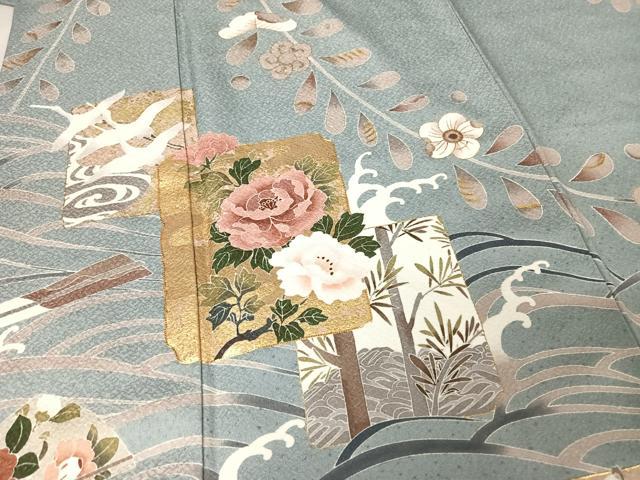 平和屋着物●訪問着　絞り　駒刺繍　吉祥文　黒地　金彩　金糸　正絹　逸品　AABD6440cs 平和屋着物○訪問着 駒刺繍 流水色紙花文 金糸 金彩 正絹 逸品