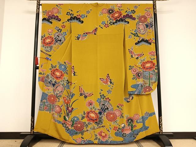 平和屋着物●紅型　振袖　鴛鴦花蝶文　鬼しぼ縮緬　正絹　逸品　AAAW4262np