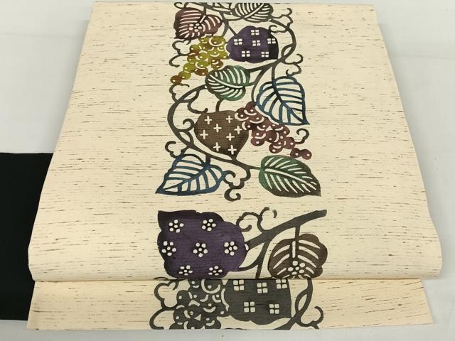 平和屋着物●紅型　全通柄九寸名古屋帯　ぜんまい紬地　葡萄蔦の葉文　正絹　逸品　AAAW4302np