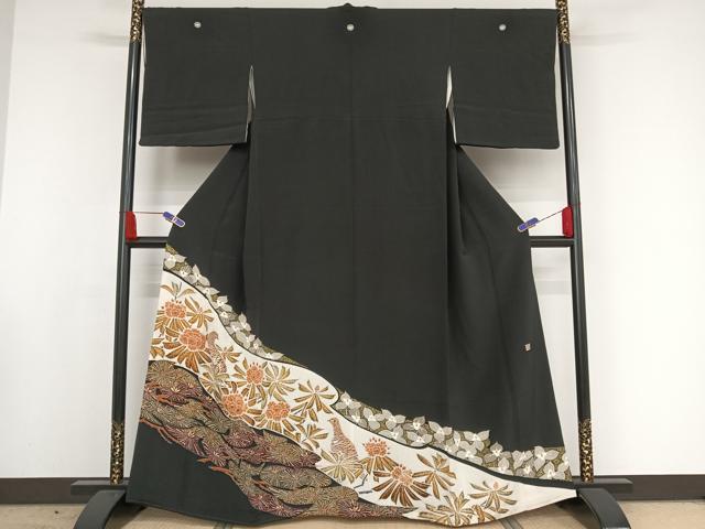 平和屋着物●豪華黒留袖　友禅　作家物　草花にライチョウ　金彩　正絹　逸品　AAAW4371np