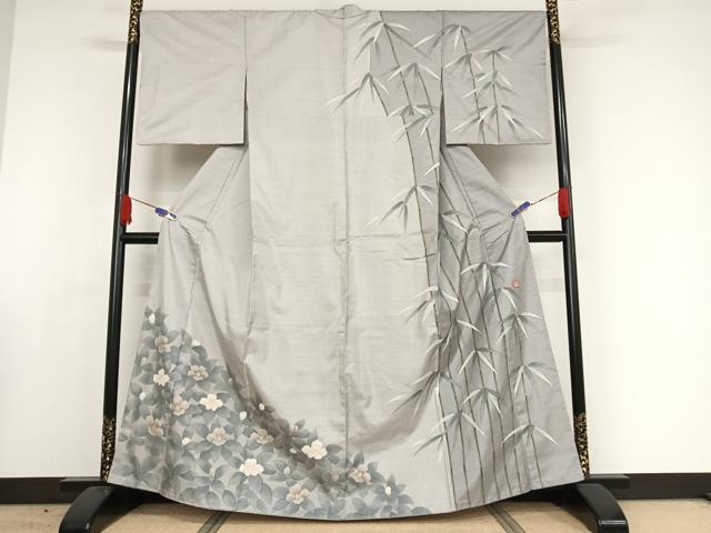 平和屋着物●本場大島紬　訪問着　手描き　白大島　笹に椿　正絹　逸品　AAAW4390np