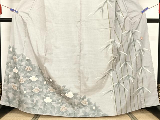 平和屋着物○本場大島紬 訪問着 手描き 白大島 笹に椿 正絹 逸品