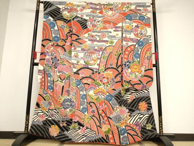 平和屋着物●豪華振袖　紅型　吉祥花鳥文　鬼しぼ縮緬　正絹　逸品　AAAW5235br