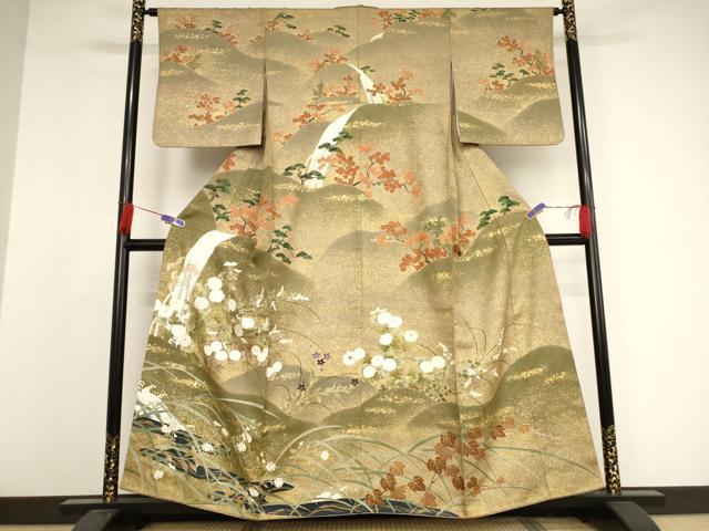 平和屋着物●粂井　訪問着　友禅　刺繍　立波風景草花文　金糸　金彩　正絹　逸品　AAAW5358br