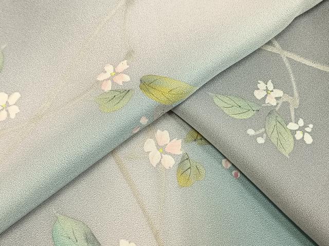 平和屋着物▽上質な小紋　単衣　手描き　枝花文　暈し染め　正絹　逸品　AAAW7583fy