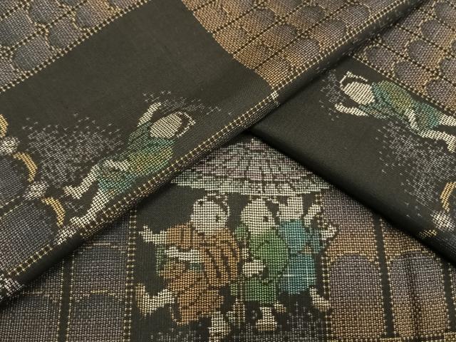 平和屋着物▽本場大島紬　単衣　9マルキ　市松人物文　ほていや扱い　正絹　逸品　AAAW7654fy