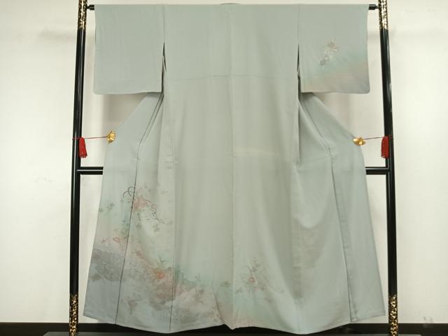 平和屋着物▽訪問着　単衣　中国三大刺繍　汕頭刺繍　スワトウ刺繍　相良刺繍　草花文　暈し染　金糸　さが美扱い　正絹　逸品　AAAW7715fy