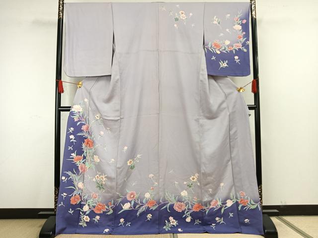 平和屋着物▽訪問着　単衣　友禅　草花文　ロング丈　正絹　逸品　AAAW7732fy