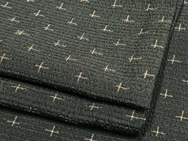 平和屋着物▽本塩沢　単衣　十字絣　黒地　正絹　逸品　AAAW7739fy