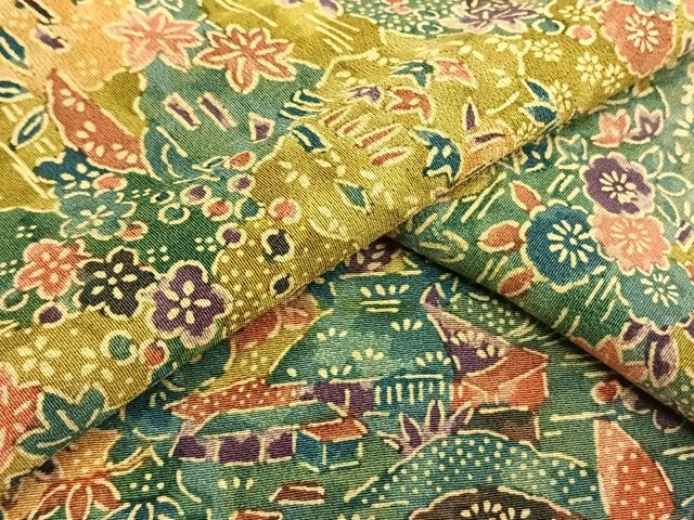 平和屋着物▽上質な小紋　単衣　型染め　風景草花文　正絹　逸品　AAAW7792fy