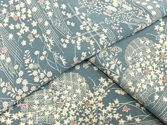 平和屋着物▽上質な小紋　単衣　風景草花文　正絹　逸品　AAAW7824fy