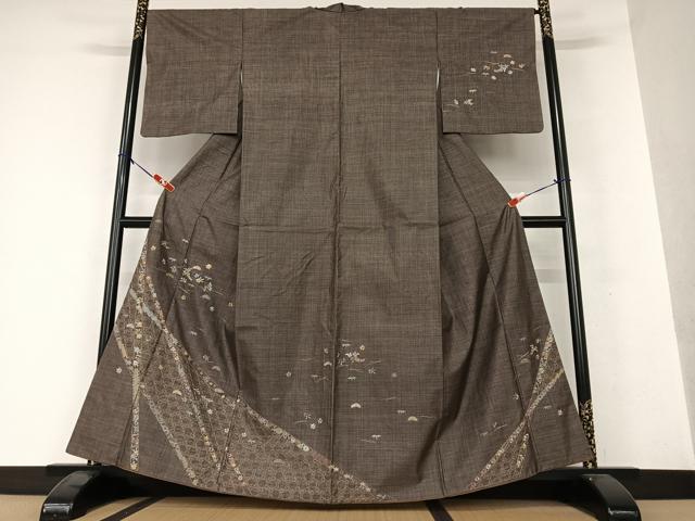平和屋着物●本場大島紬　訪問着　刺繍　吹き寄せ花文　松竹梅　金糸　正絹　逸品　AAAW9128zg