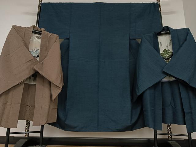 平和屋着物●男性　紬　アンサンブル　羽織2点セット　色無地　濃藍色×煤竹色　正絹　逸品　AAAW9152zg