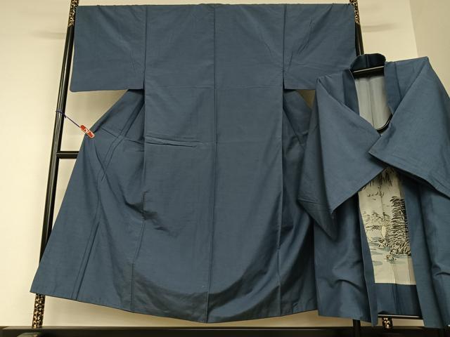 平和屋着物●男性　紬　アンサンブル　色無地　深縹色　正絹　逸品　AAAW9153zg