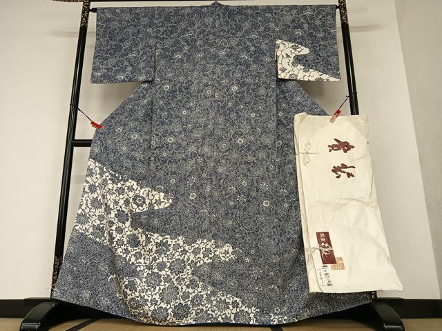 平和屋着物●銀座もとじ　訪問着　藍　菊唐草文　たとう紙付き　正絹　逸品　AAAW9179zg