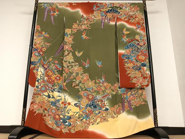 平和屋着物●紅型　振袖　風景花鳥文　暈し染め　正絹　逸品　AAAW9188zg