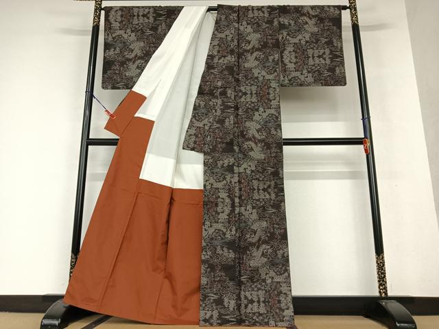 平和屋着物○本場大島紬 泥染め カタス7マルキ 風景草花文 正絹 逸品