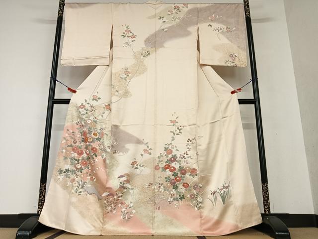 平和屋着物●訪問着　駒刺繍　草花文　暈し染め　金彩　正絹　逸品　AAAW9252zg