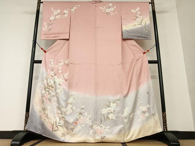 平和屋着物●訪問着　友禅　作家物　草花文　百合　暈し染め　金彩　正絹　逸品　AAAW9260zg