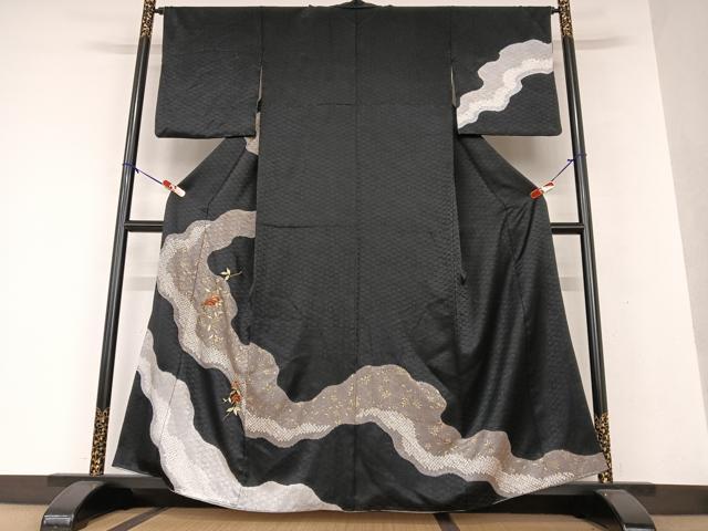 平和屋着物●訪問着　絞り　刺繍　枝花文　黒地　金彩　正絹　逸品　AAAW9273zg