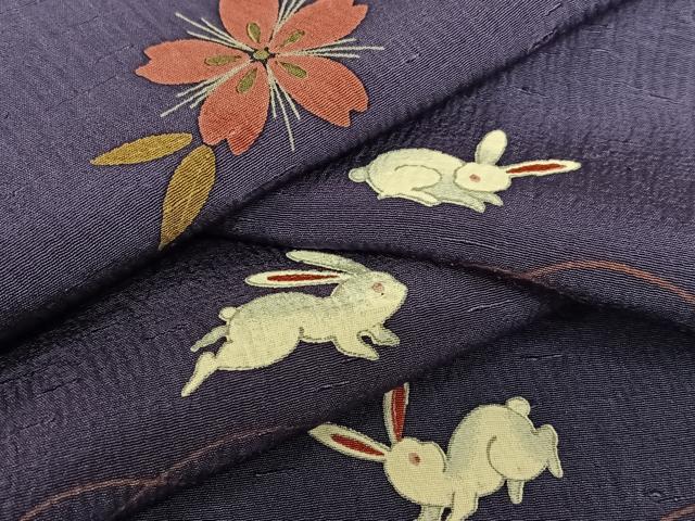 平和屋着物●上質な小紋　紬地　手描き　花兎　正絹　逸品　AAAW9275zg