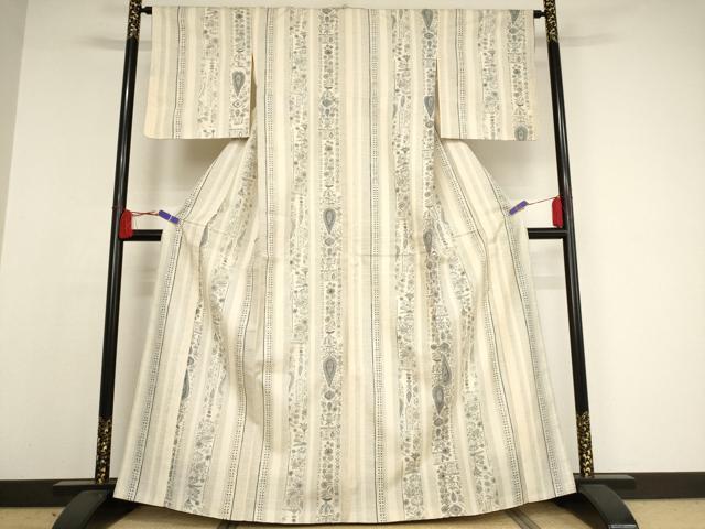 平和屋着物●上質な小紋　紬地　更紗花間道　正絹　逸品　未使用　AAAW9404br