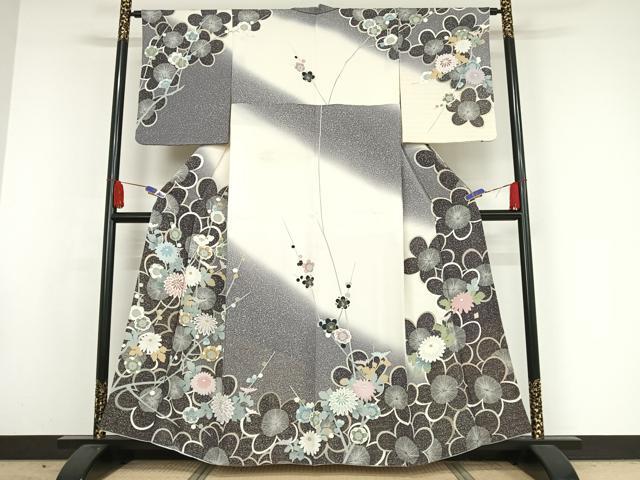 平和屋着物●訪問着　友禅　作家物　枝花文　暈し染め　金通し地　正絹　逸品　AAAX0008np