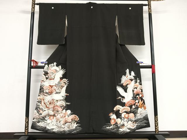 平和屋着物●アンティーク　大正ロマン　黒留袖　駒刺繍　飛鶴宝船　金糸　金彩　正絹　逸品　AAAX0137np