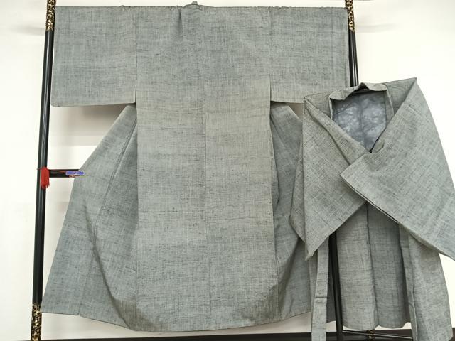 平和屋着物●男性　紬　アンサンブル　桔梗鼠色　正絹　逸品　AAAX0138np