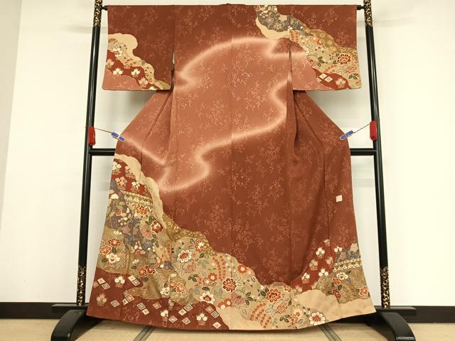 平和屋着物●英王室献上友禅作家　木下勝功　訪問着　駒刺繍　草花文　暈し染め　金糸　金彩　正絹　逸品　AAAX0223np