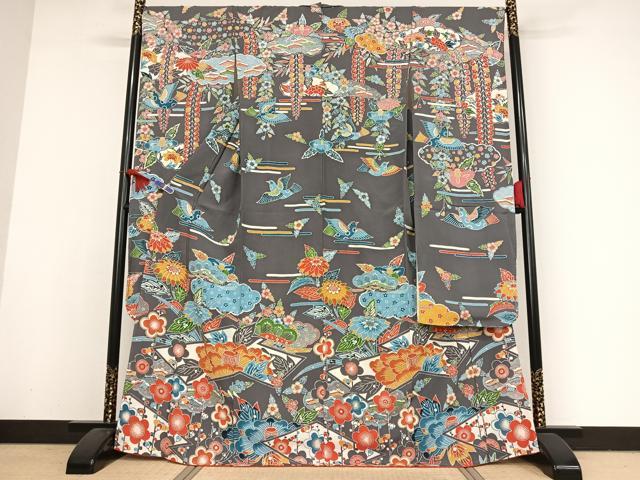 平和屋着物●紅型　振袖　花鳥文　正絹　逸品　AAAX0229np