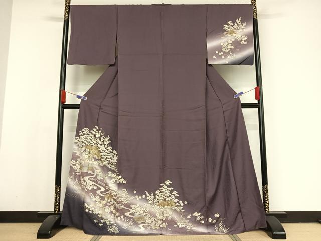 平和屋着物●訪問着　駒刺繍　流水風景文　暈し染め　金彩　ロング丈　正絹　逸品　AAAX0302np