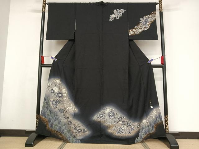 平和屋着物●染色作家　林淳一　訪問着　辻が花　暈し染め　黒地　金彩　正絹　逸品　AAAX0309np