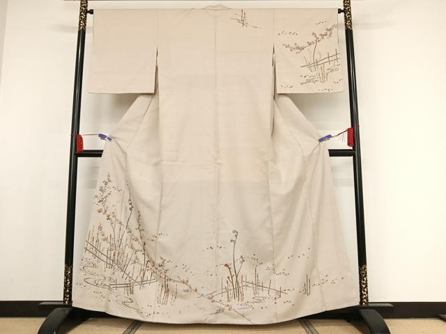 平和屋着物●総刺繍　訪問着　紬地　蕨　ワラビ　つくし　金糸　正絹　逸品　AAAX0310np