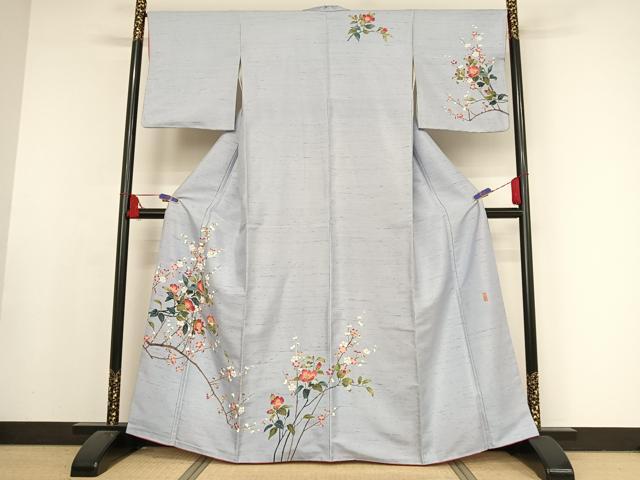 平和屋着物●訪問着　友禅　作家物　紬地　枝椿　正絹　逸品　AAAX0324np 平和屋着物○訪問着 友禅 作家物 紬地 枝椿 正絹 逸品 AAAX0324np