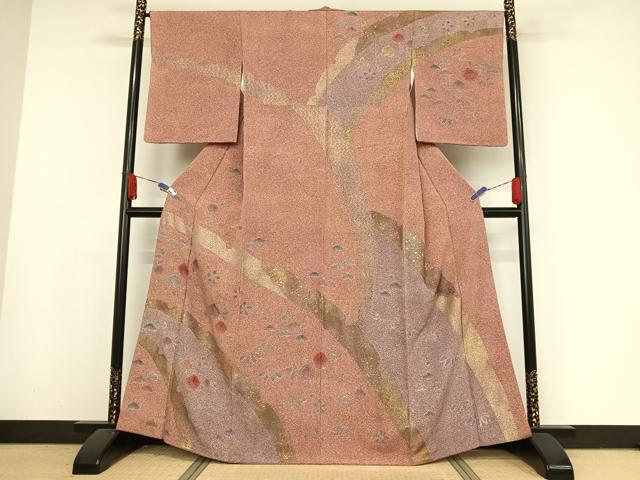 平和屋着物●訪問着　刺繍　草花文　金糸　金彩　正絹　逸品　AAAX0329np