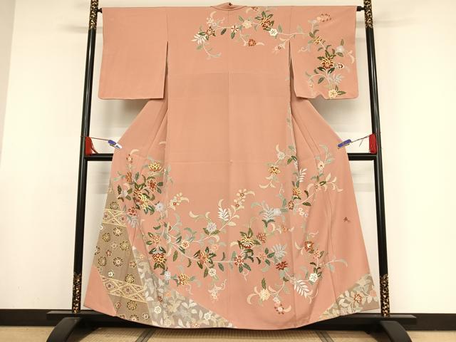 平和屋着物●染色作家　林川信夫　訪問着　更紗花文　金彩　正絹　逸品　AAAX0331np