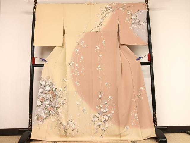 平和屋着物●訪問着　駒刺繍　草花文　暈し染め　金糸　正絹　逸品　AAAX0366np