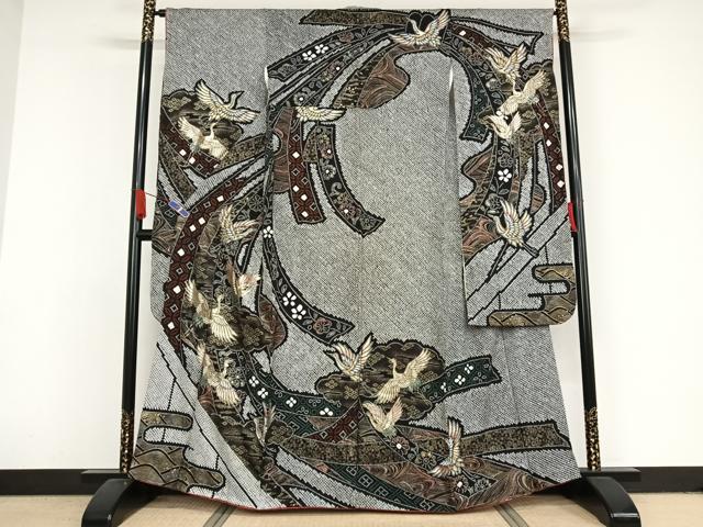 平和屋着物●豪華振袖　絞り　束ね熨斗飛鶴花文　黒地　金彩　正絹　逸品　AAAX0375np