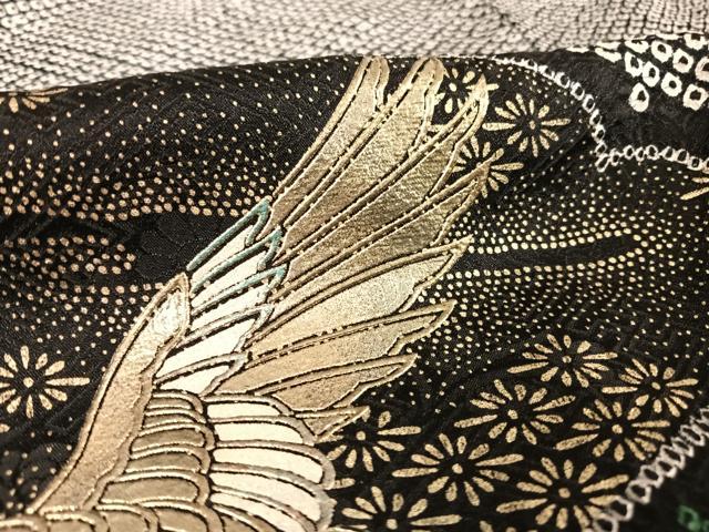 平和屋着物○豪華振袖 絞り 束ね熨斗飛鶴花文 黒地 金彩 正絹