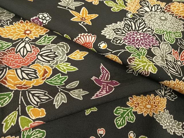 平和屋着物●上質な小紋　紬地　花鳥文　黒地　正絹　逸品　AAAX0379np