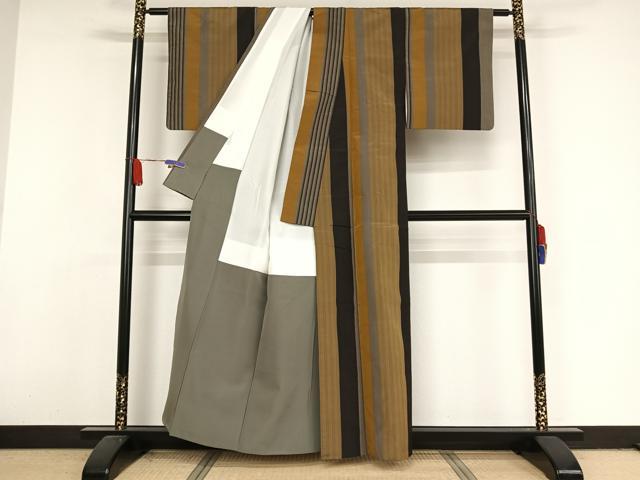 平和屋着物○本場黄八丈 黒八丈 平織 紬 縞 正絹 逸品 AAAX0394np