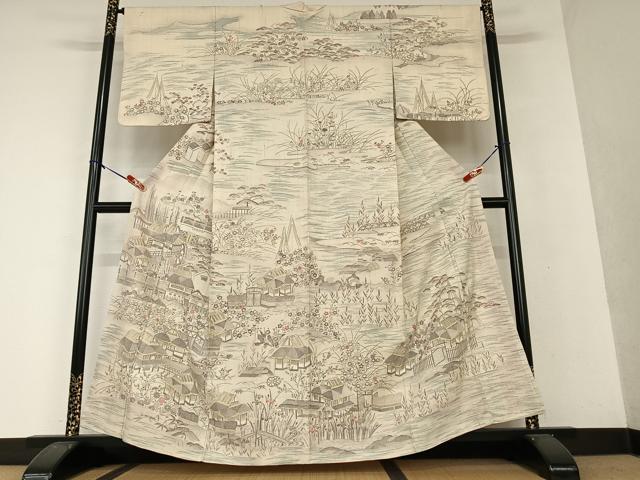 平和屋着物●染織の名門　しょうざん 生紬　訪問着　手描き　茶屋辻　草花文　正絹　逸品　AAAX0583zg