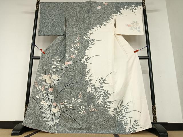 平和屋着物●訪問着　友禅　草花文　たたき染め　金彩　正絹　逸品　AAAX0628zg