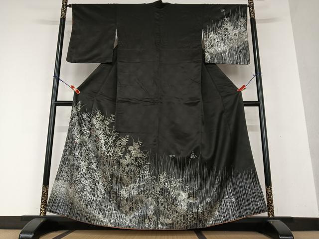 平和屋着物●訪問着　刺繍　草花文　黒地　銀彩　正絹　逸品　AAAX0631zg